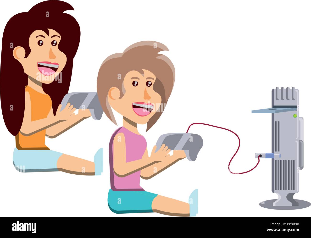 cartoon girls playing videogames with controller and console over white ...