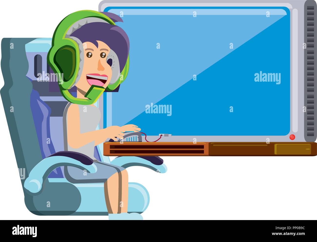 cartoon girl playing videogames and sitting on gaming chair over white ...