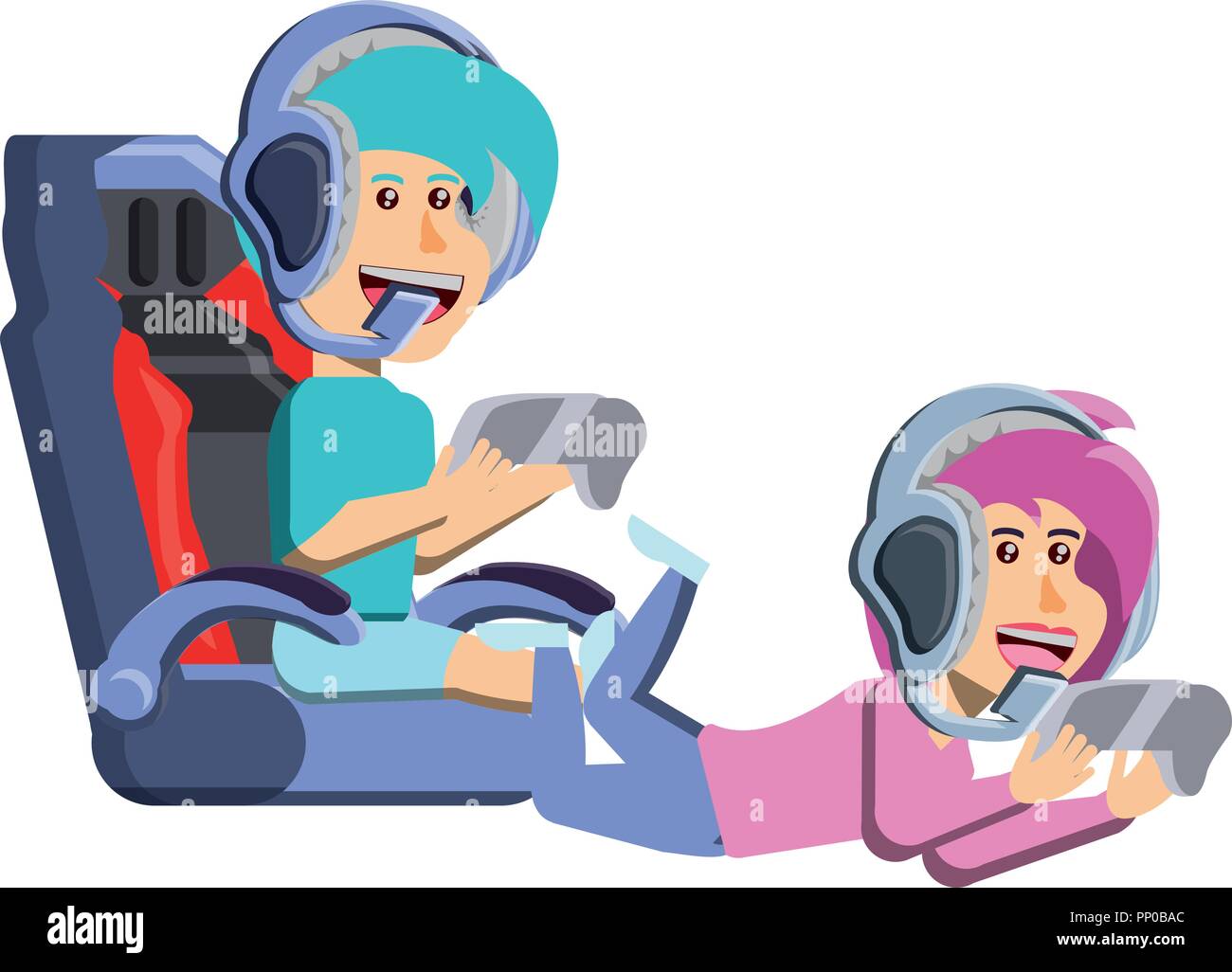 cartoon kids playing videogames over white background, vector ...