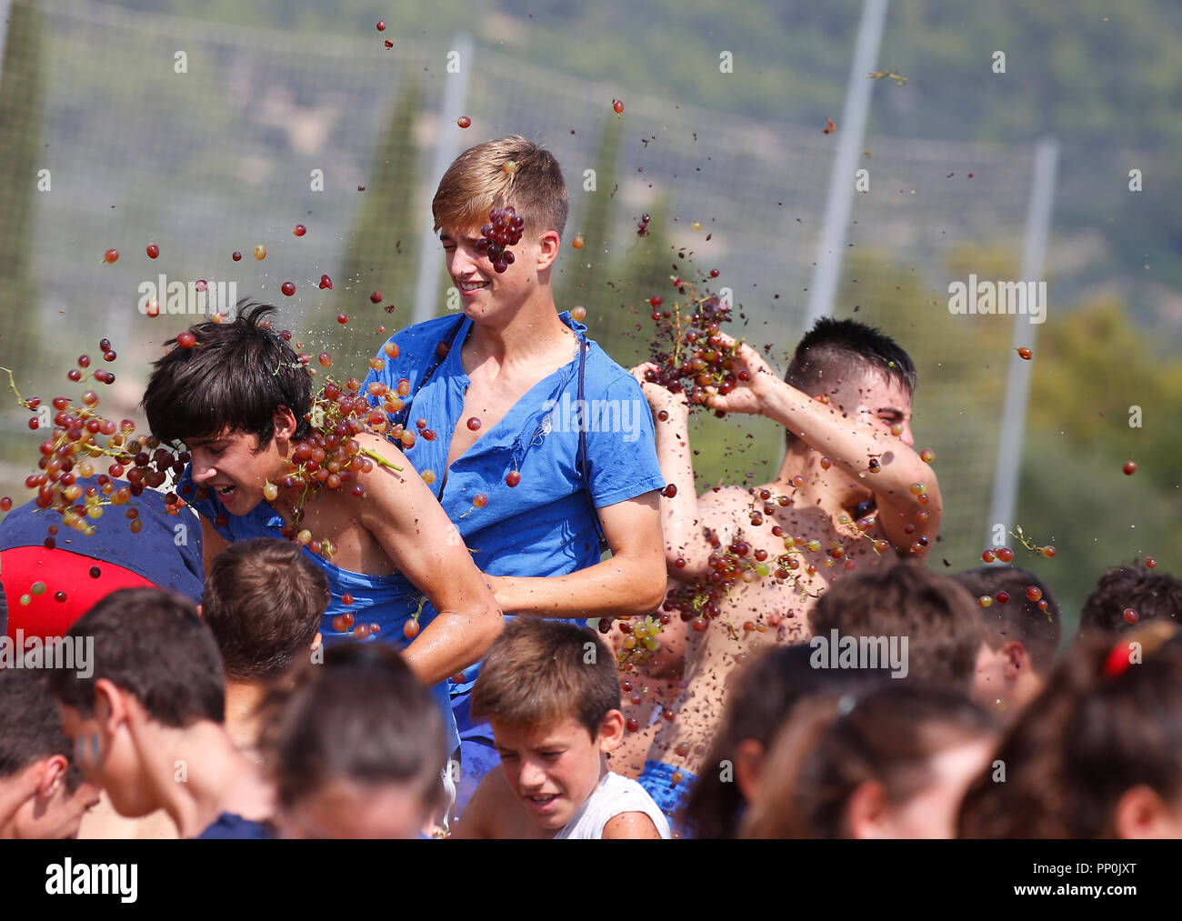 People take part in a grapes battle as part of the celebrations of the ...