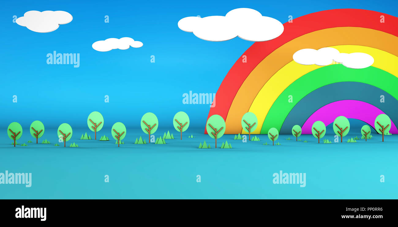 Cartoon Landscape with Rainbow Trees and Clouds Stock Photo - Alamy