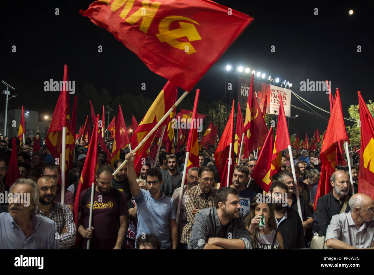 Athens, Greece. 22nd Sep, 2018. Greek communist party members shout ...