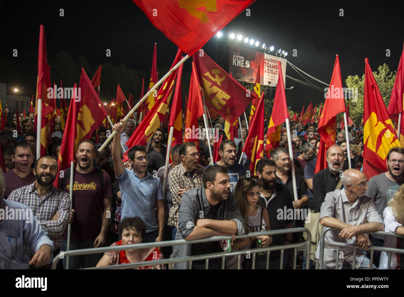 Athens, Greece. 22nd Sep, 2018. Greek communist party members shout ...