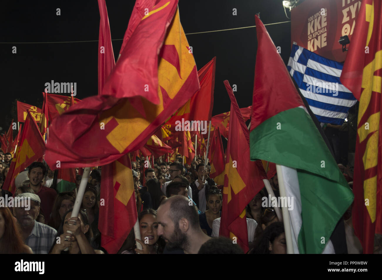Athens, Greece. 22nd Sep, 2018. Greek communist party members shout ...