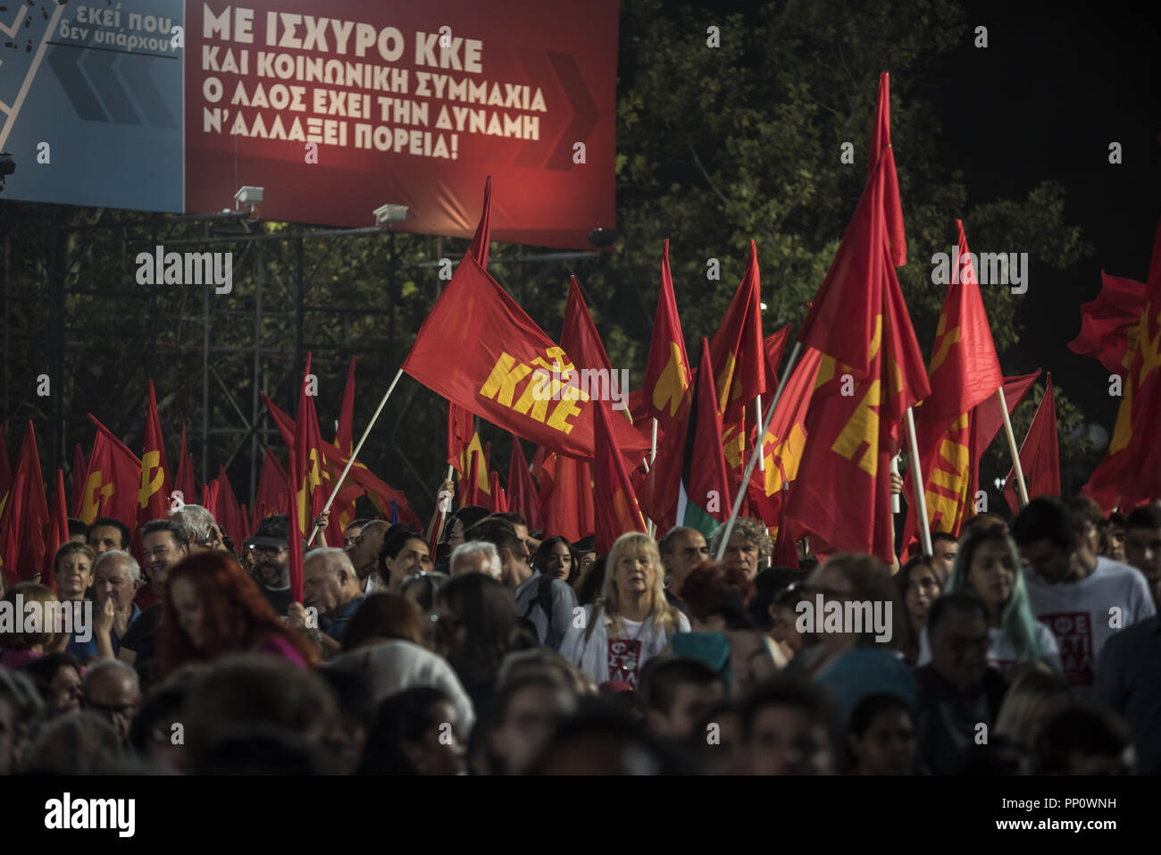 Athens, Greece. 22nd Sep, 2018. Greek communist party members shout ...