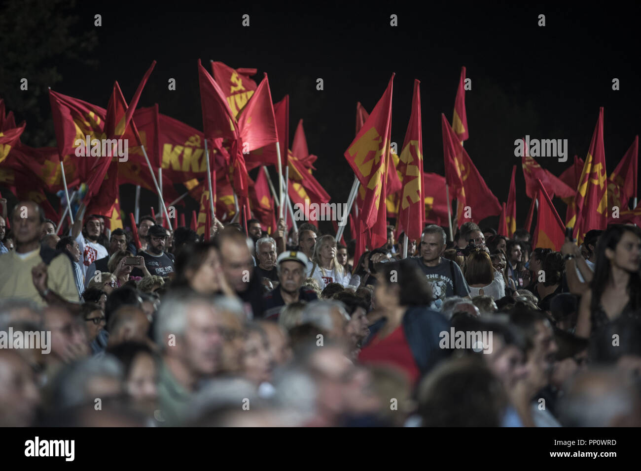 Athens, Greece. 22nd Sep, 2018. Greek communist party members shout ...