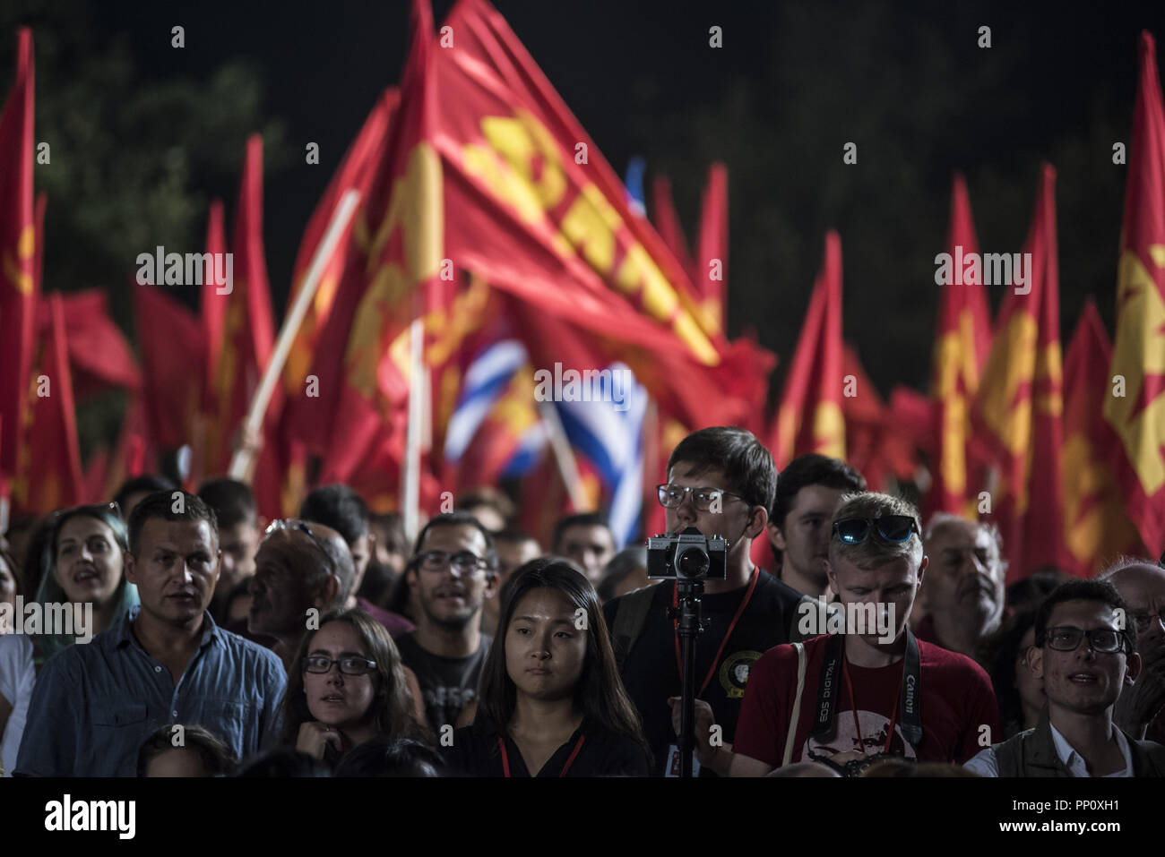 Athens, Greece. 22nd Sep, 2018. Greek communist party members shout ...
