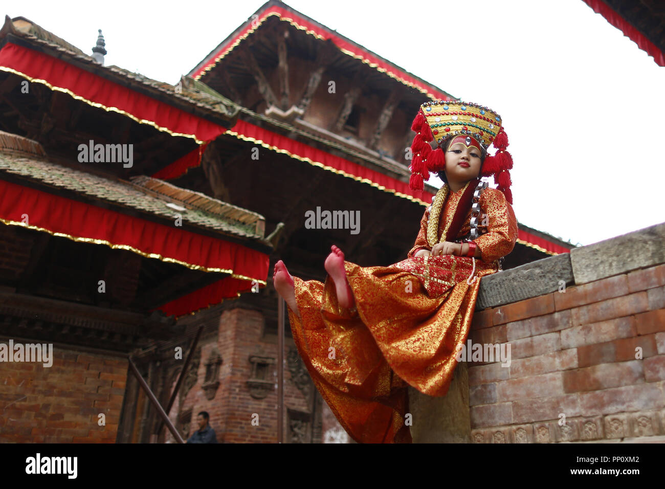 Kathmandu, Nepal. 22nd Sep, 2018. A girl adorned as a Living Goddess ...