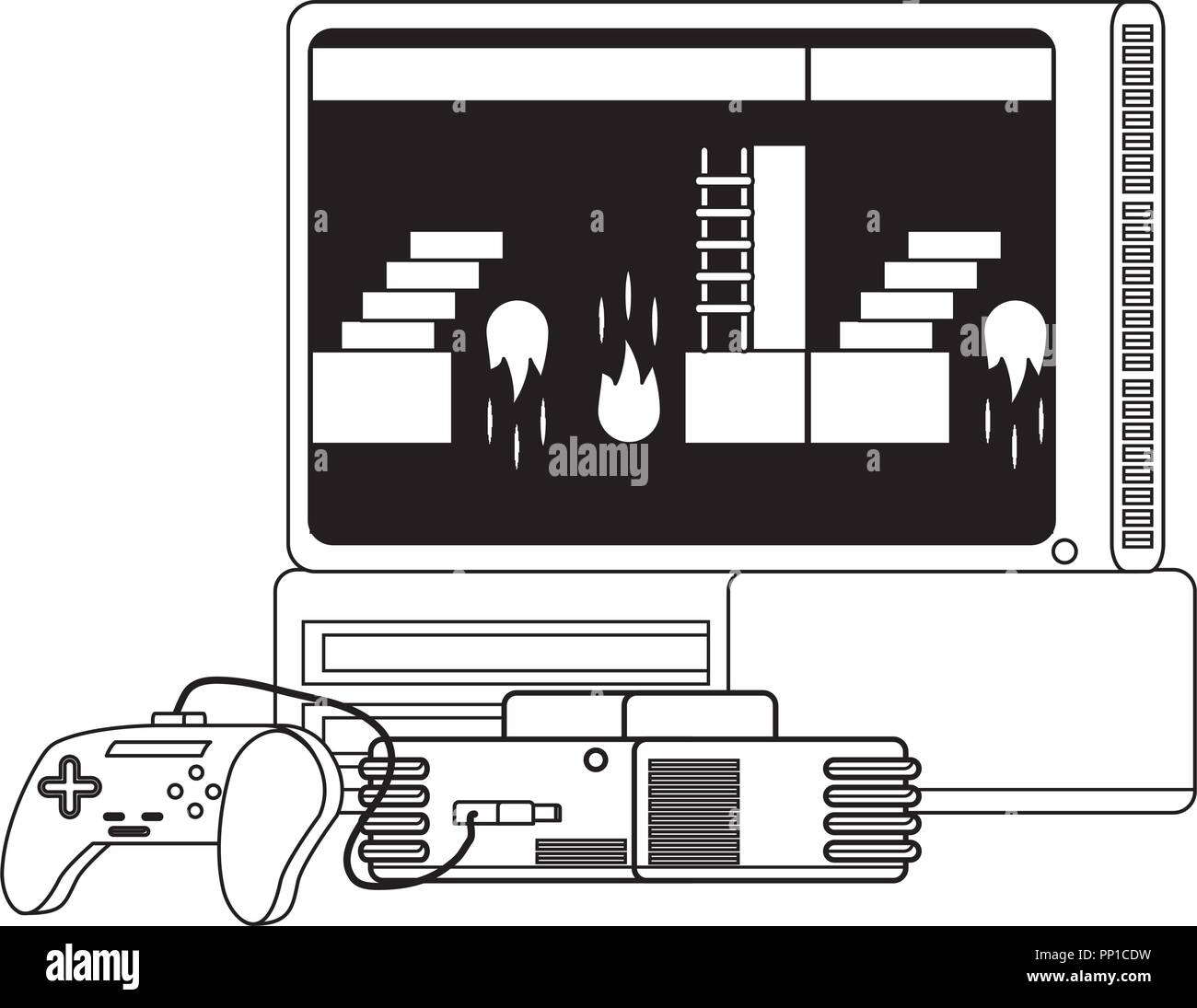 television with game console and controller over white background ...