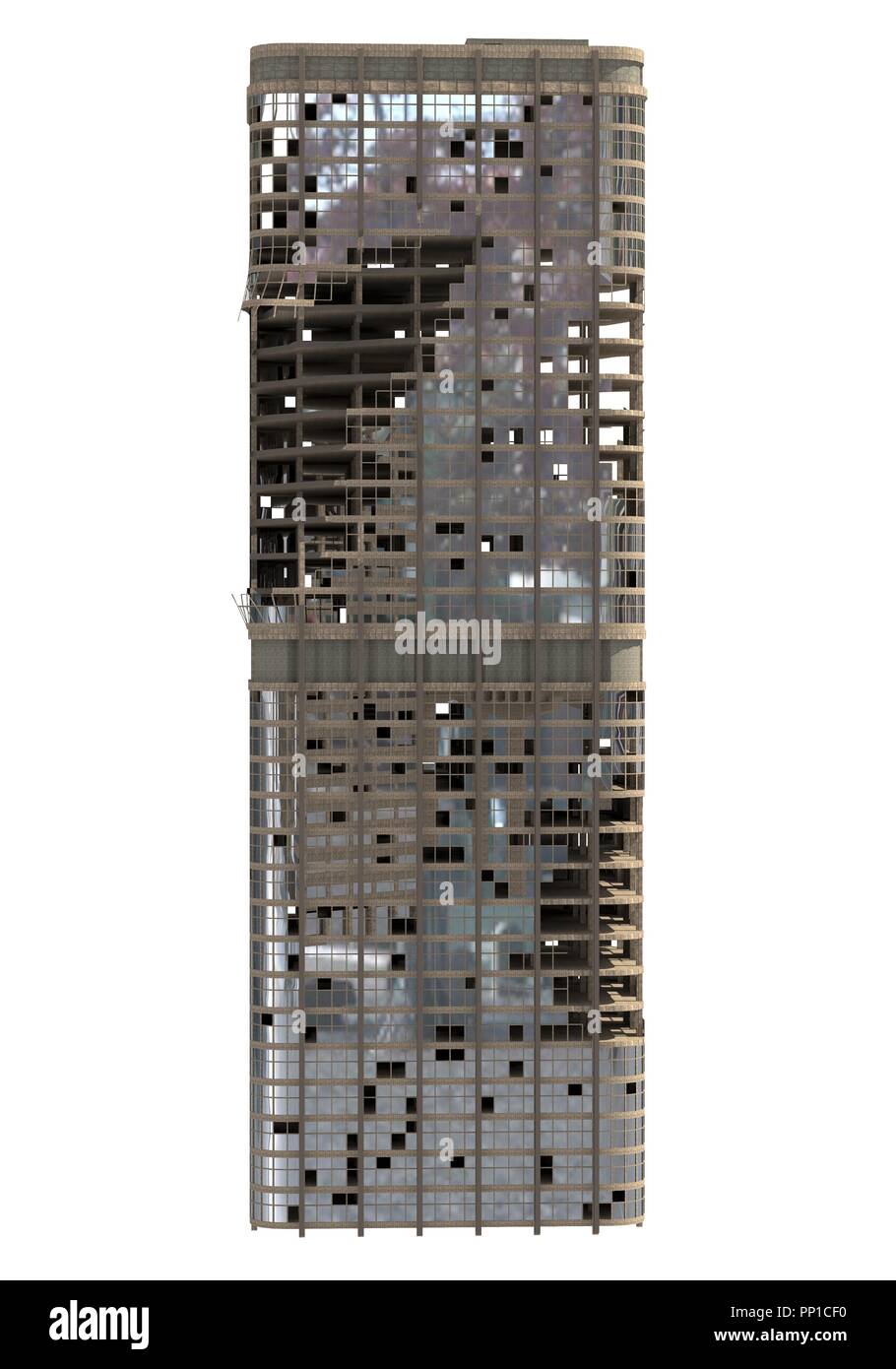 3D illustration ruined skyscraper isolated on white background Stock ...