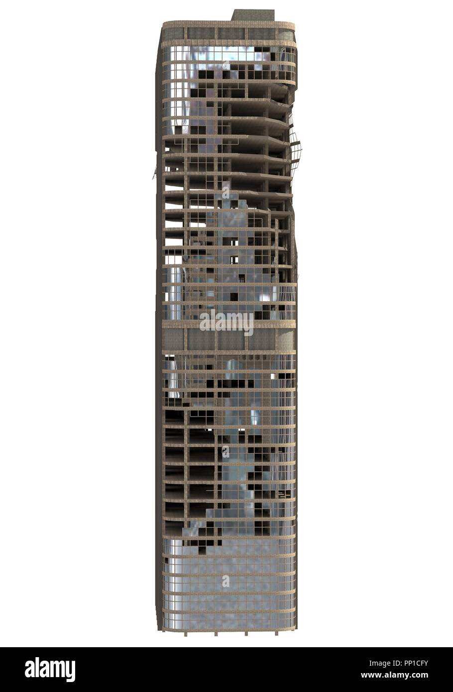 3D illustration ruined skyscraper isolated on white background Stock ...