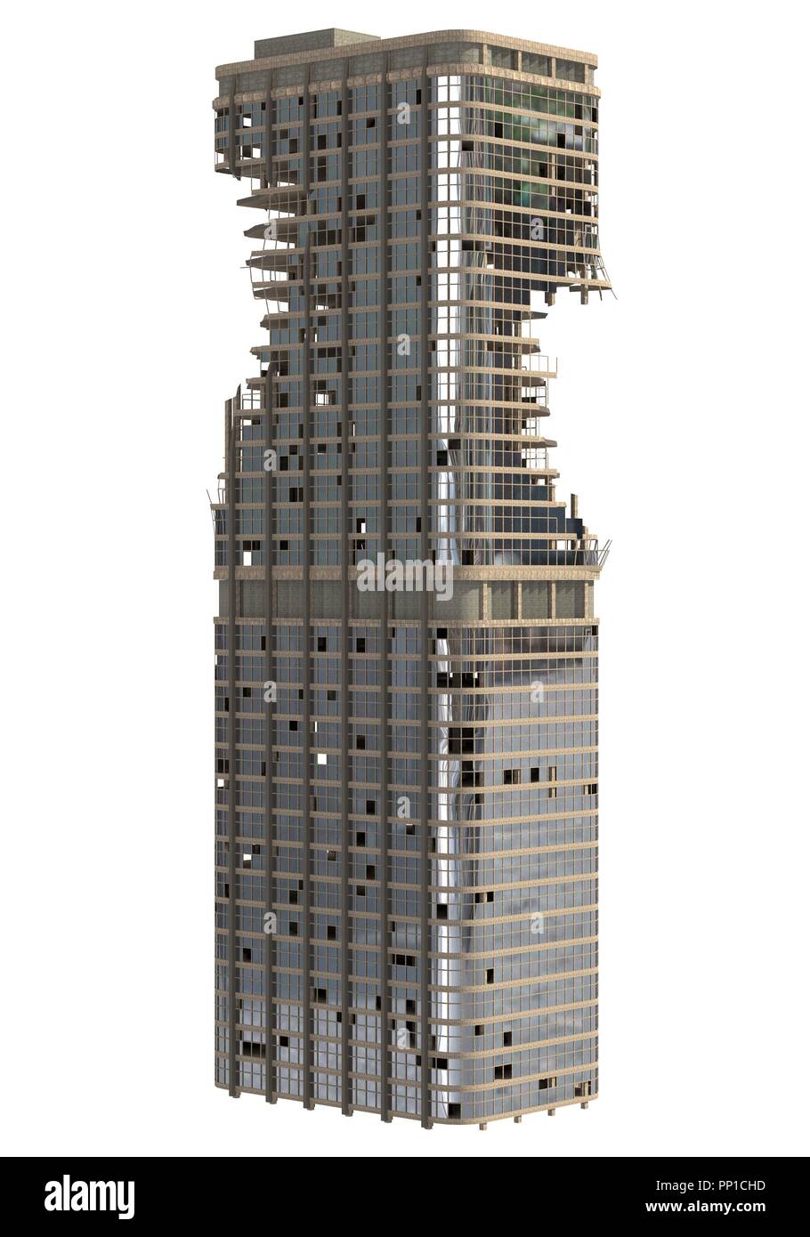 3D illustration ruined skyscraper isolated on white background Stock ...