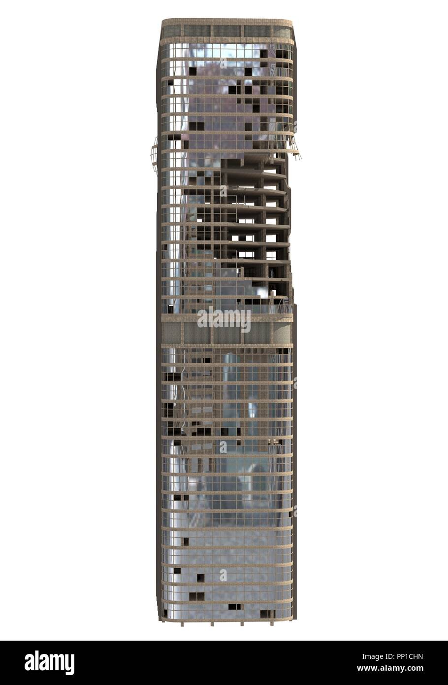 3D illustration ruined skyscraper isolated on white background Stock ...