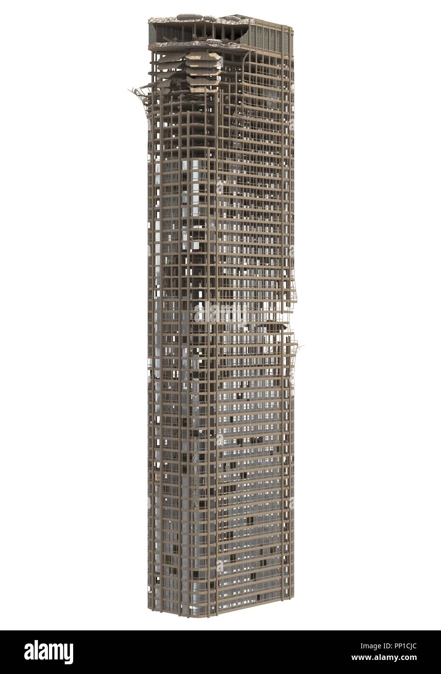 3D illustration ruined skyscraper isolated on white background Stock ...