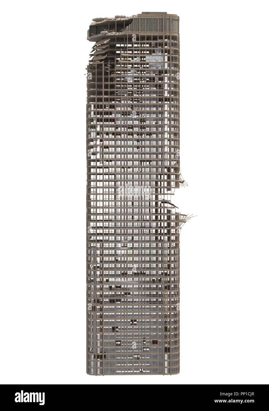 3D illustration ruined skyscraper isolated on white background Stock ...