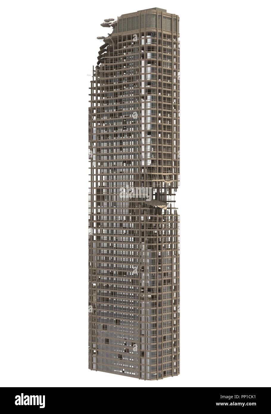3D illustration ruined skyscraper isolated on white background Stock ...