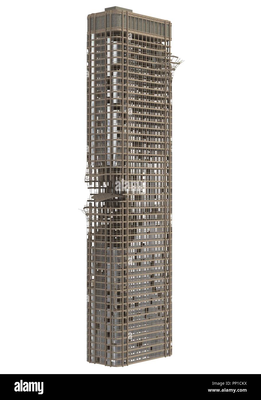 3D illustration ruined skyscraper isolated on white background Stock ...