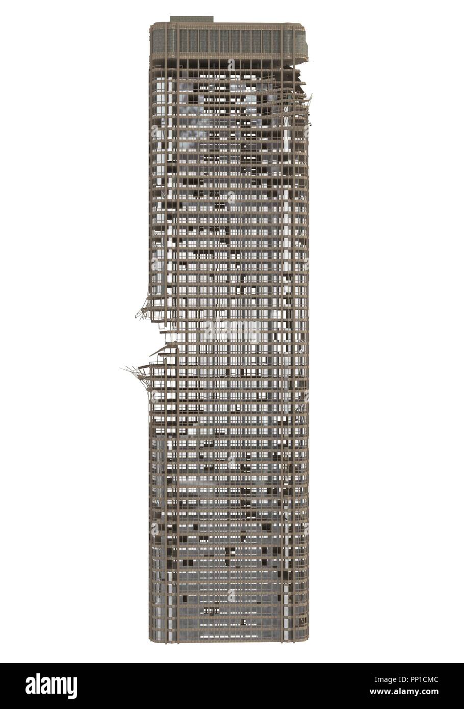 3D illustration ruined skyscraper isolated on white background Stock ...