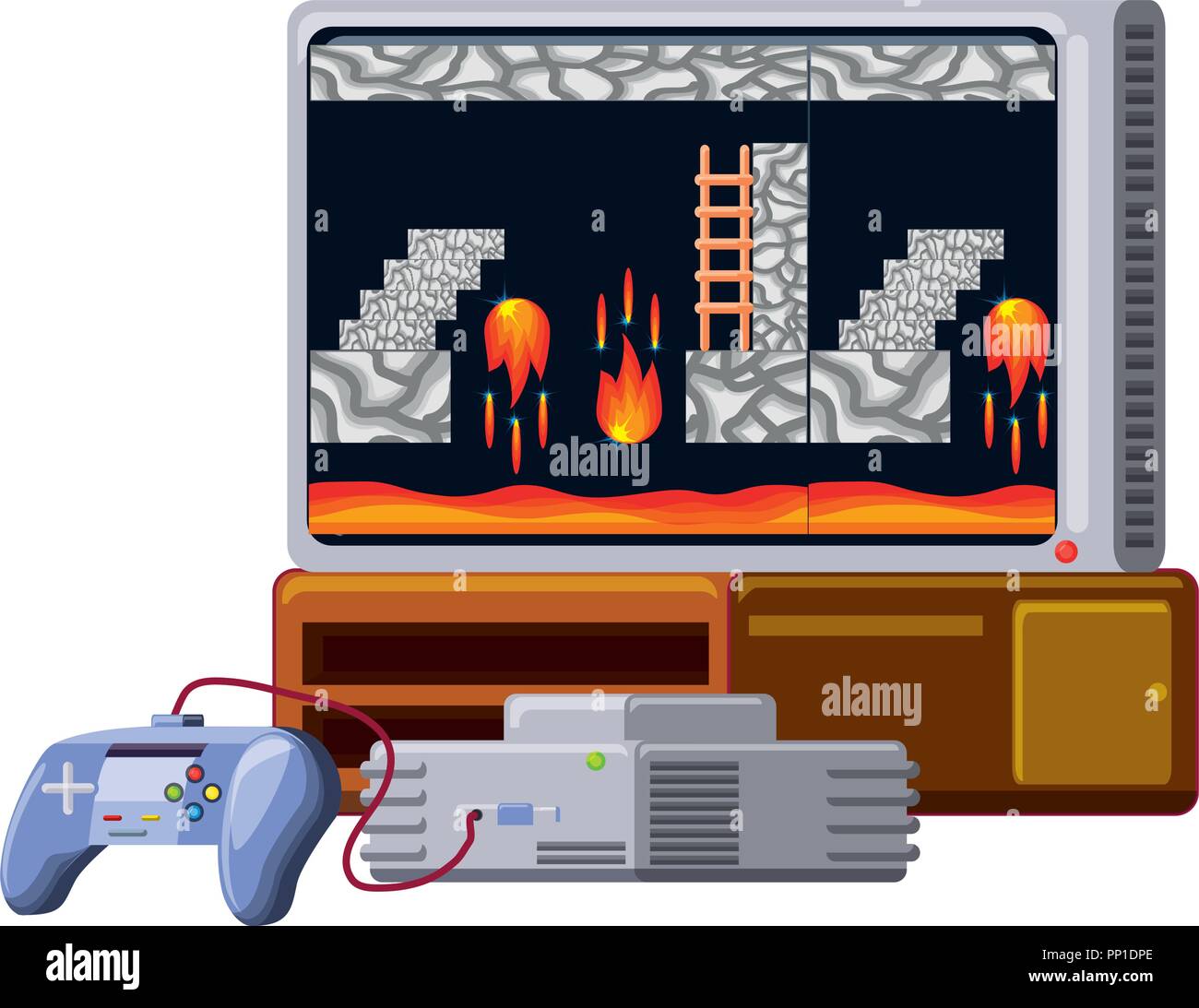 television with game console and controller over white background ...