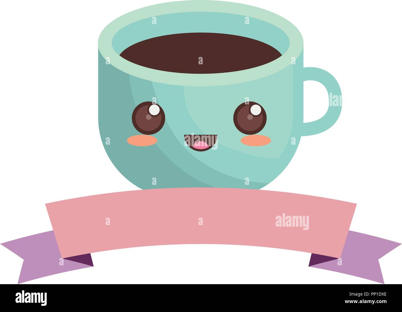 kawaii coffee mug and decorative ribbon over white background, vector ...