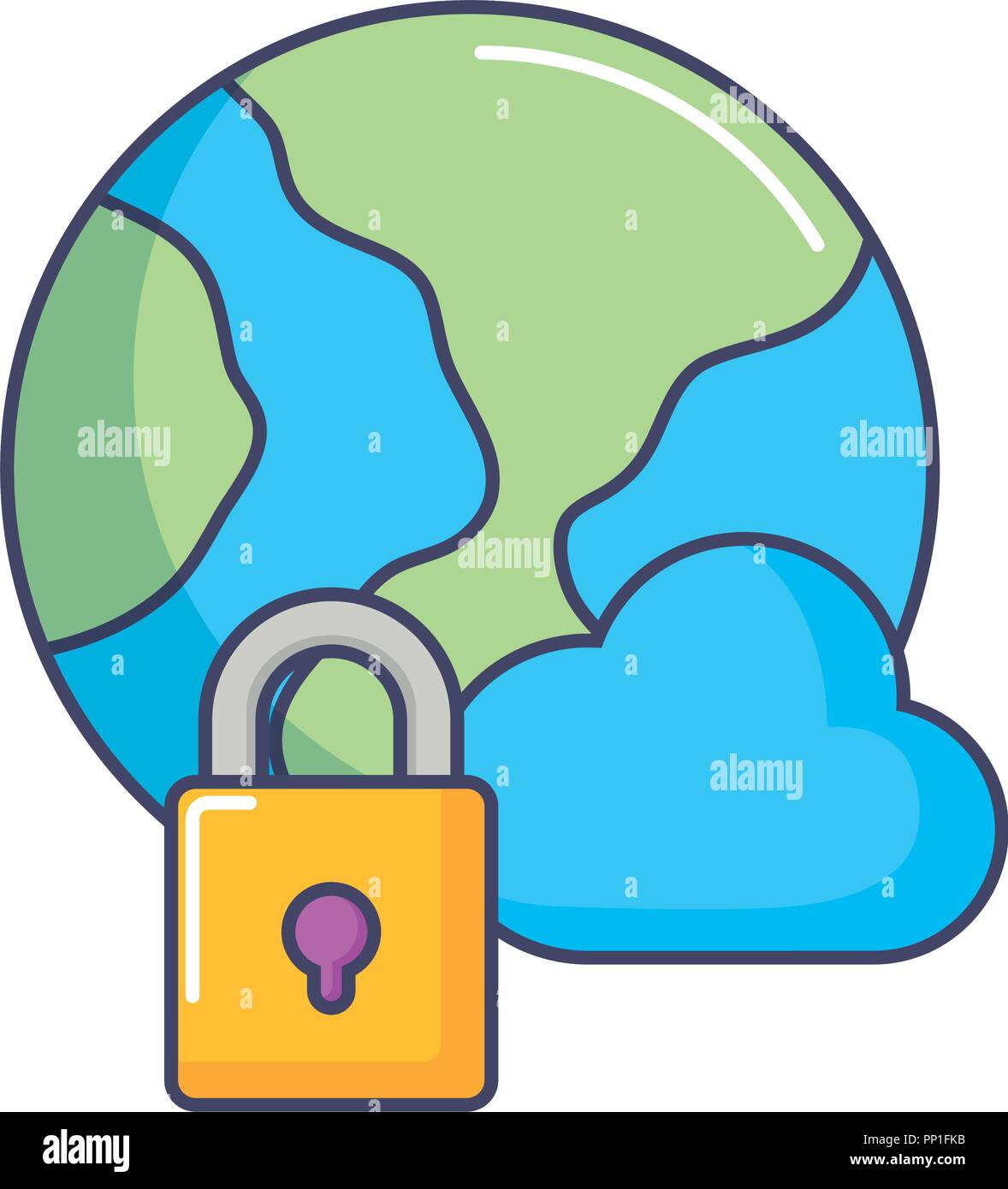 earth planet with padlock and cloud storage icon over white background ...