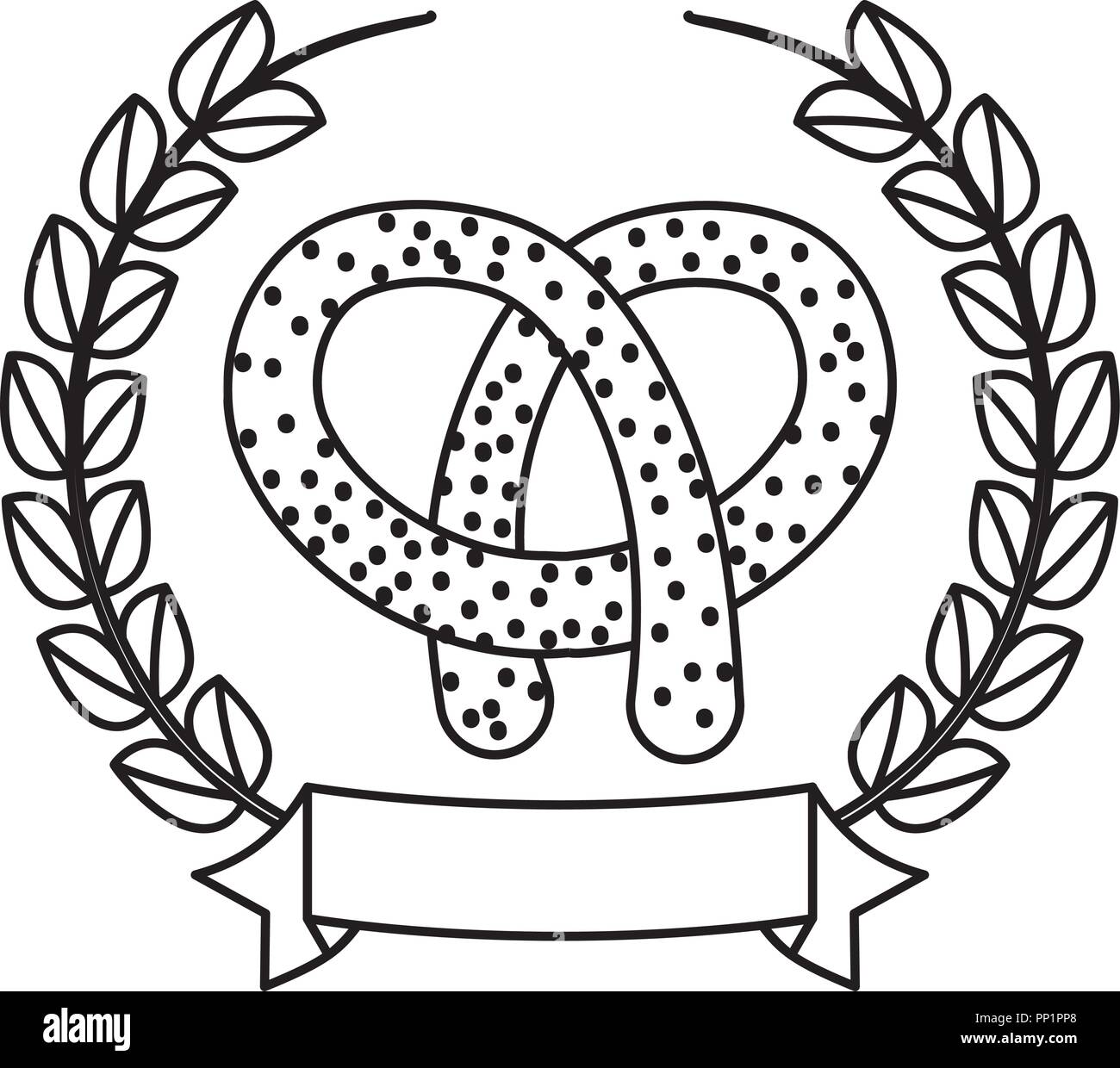 emblem with pretzel icon and decorative ribbon over white background ...