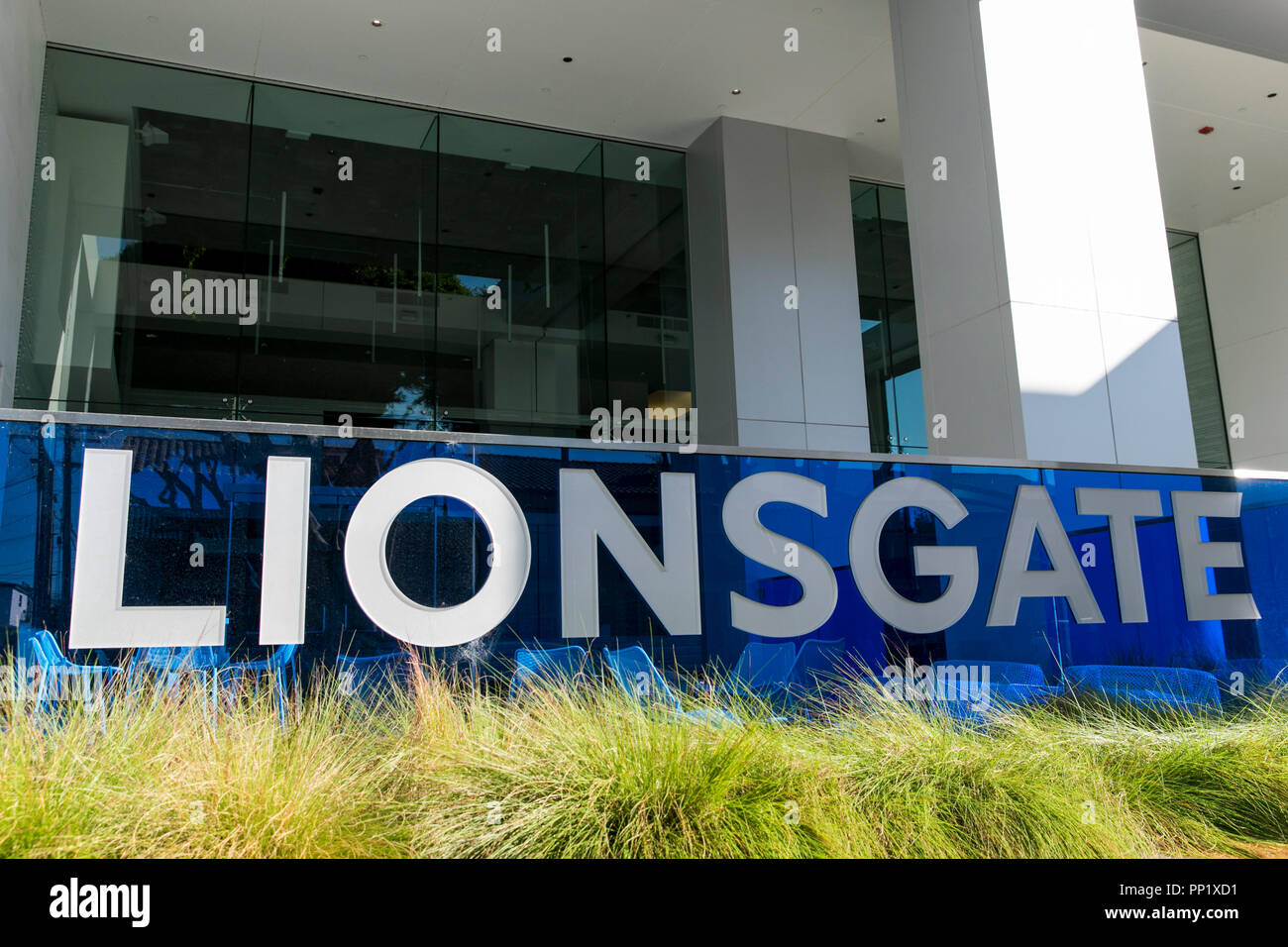 A logo sign outside of the headquarters of Lions Gate Entertainment ...