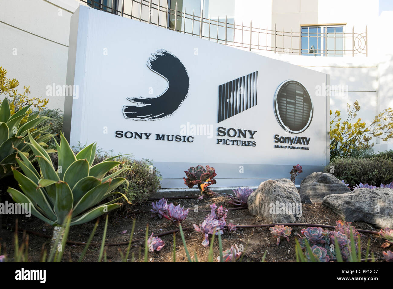 A logo sign outside of the headquarters of Sony Pictures Entertainment ...