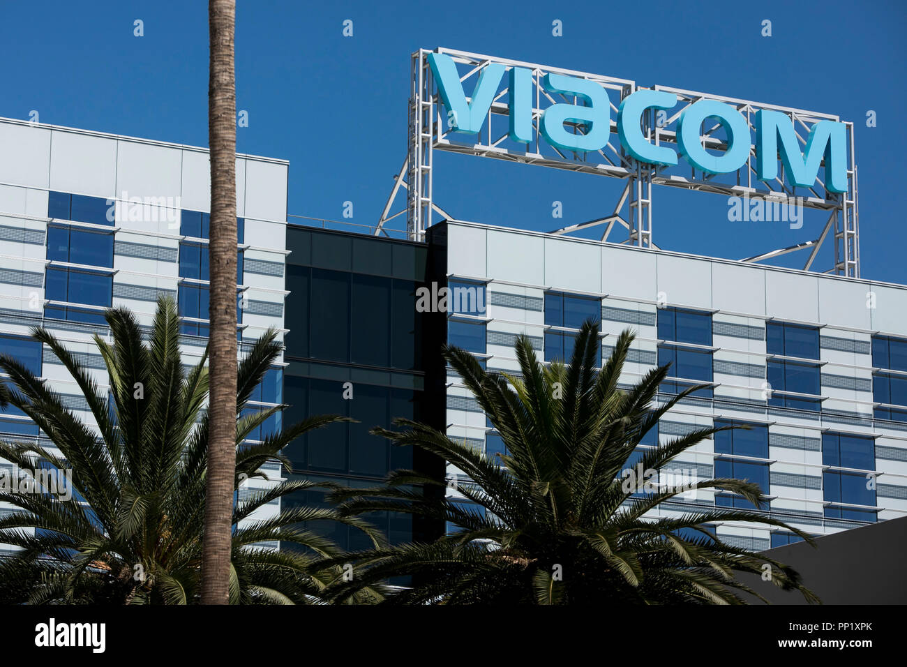 A logo sign outside of a facility occupied by Viacom in Los Angeles ...