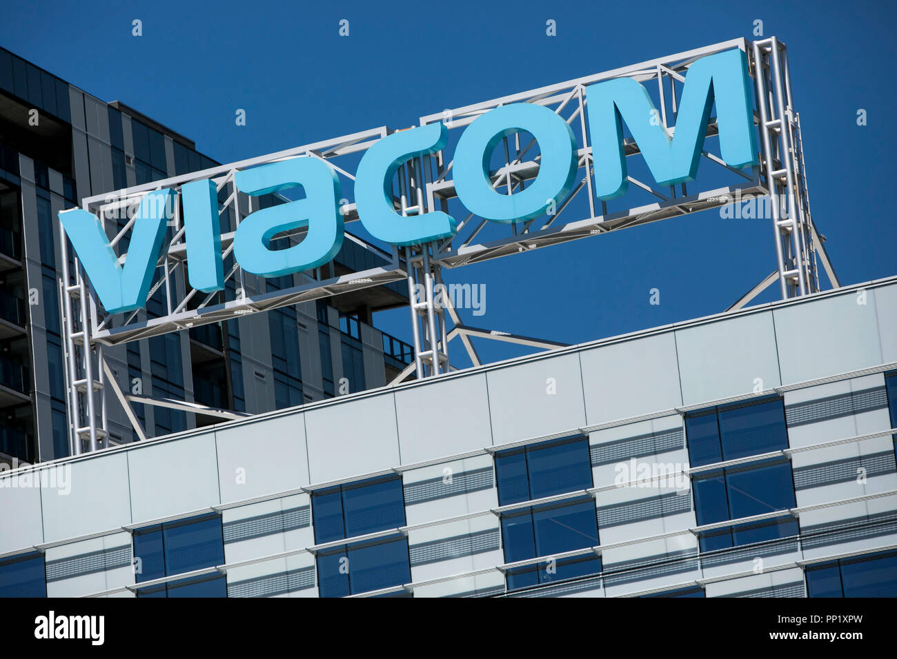 A logo sign outside of a facility occupied by Viacom in Los Angeles ...