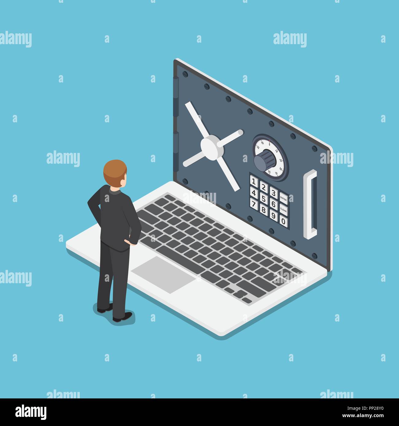 Flat 3d isometric businessman standing with laptop and security door on ...