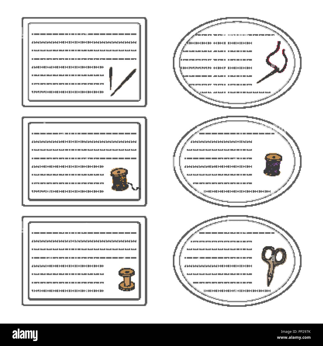 Sewing accessories frame sticker set. Threads, thimble scissors ...