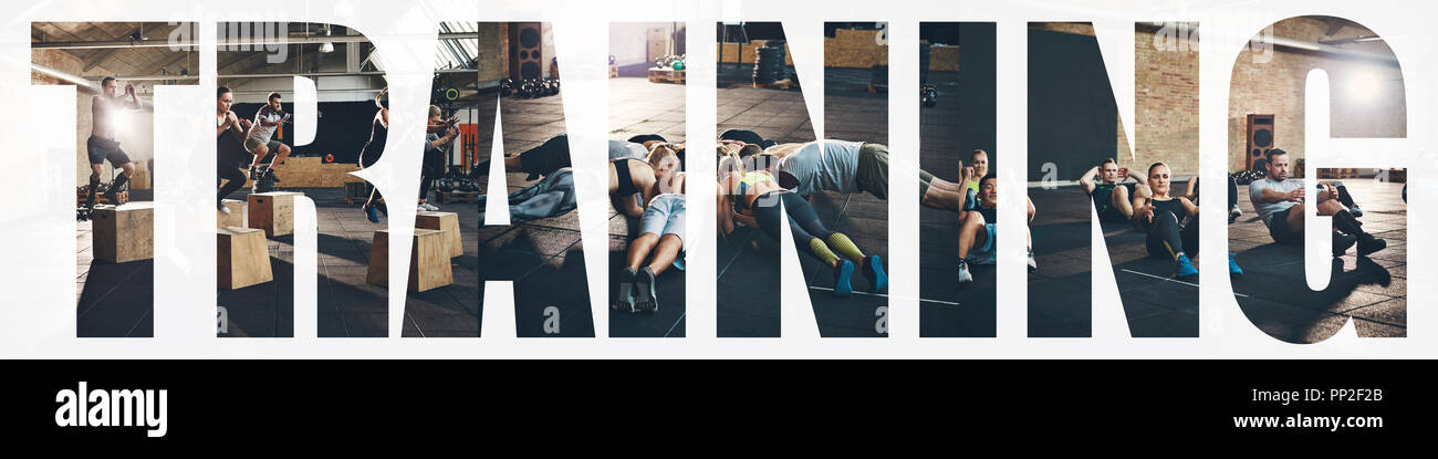 Collage of a group of fit young people doing different exercises ...