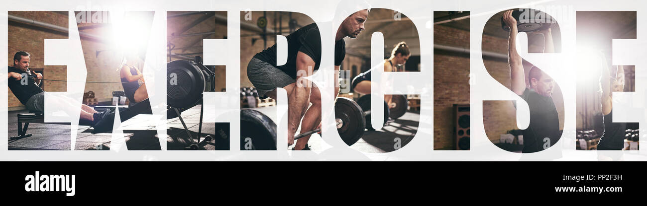Collage of two fit young people working out with weights and a rowing ...