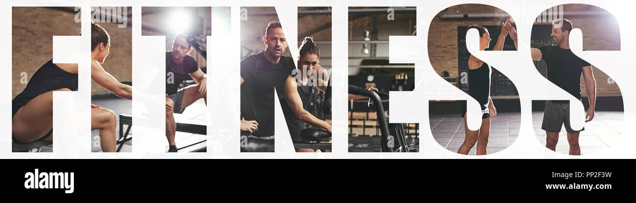 Collage of two fit young people congratulating each other after working ...