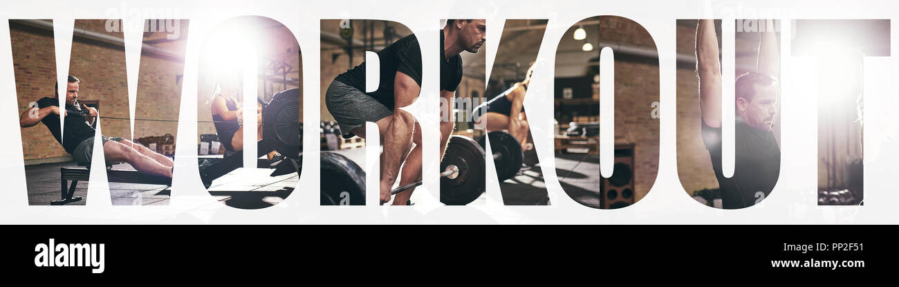 Collage of two fit young people exercising together with weights and a ...
