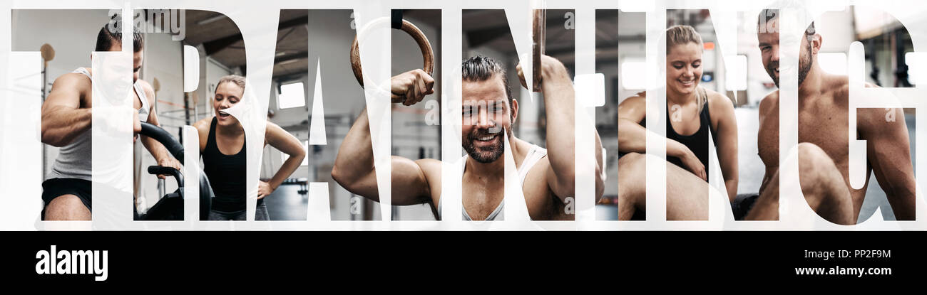 Collage of two fit young people smiling while working out together in a ...