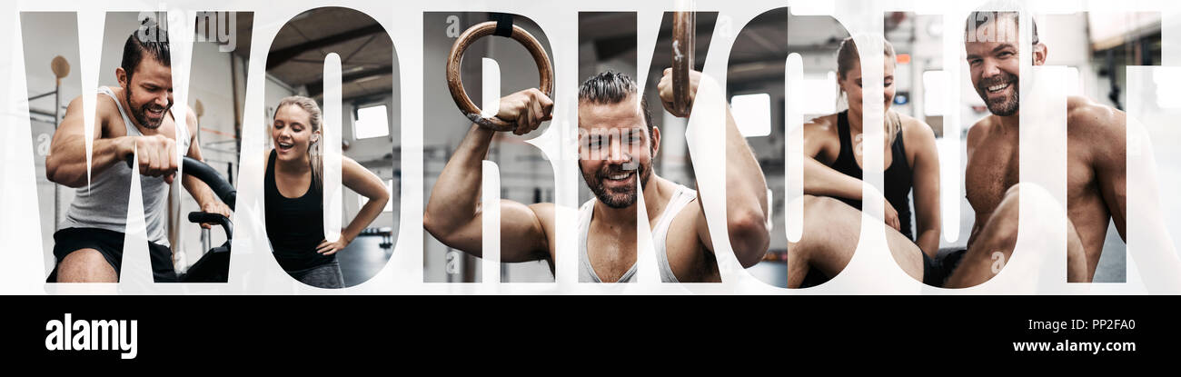 Collage of two fit young people smiling while exercising together in a ...