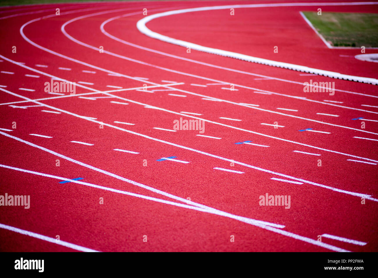 red rubber running racetrack with white lines in outdoor stadium Stock ...