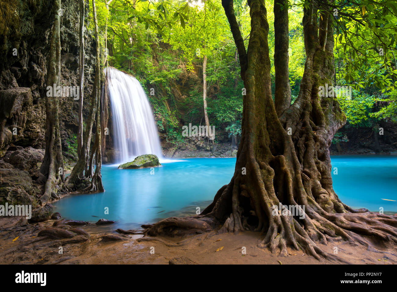 Erawan Waterfall in Thailand is locate in Kanchanaburi Provience. This ...