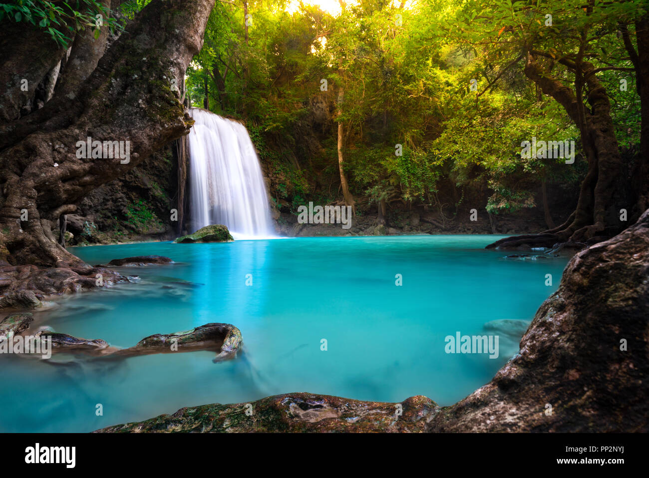 Erawan Waterfall in Thailand is locate in Kanchanaburi Provience. This ...