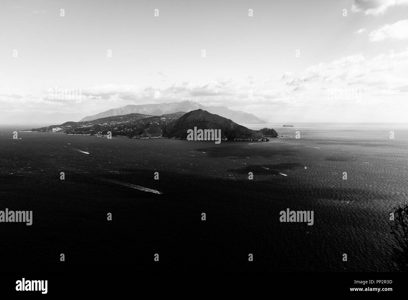 Beautiful aerial view of Napoli gulf from Capri island, with boat ...