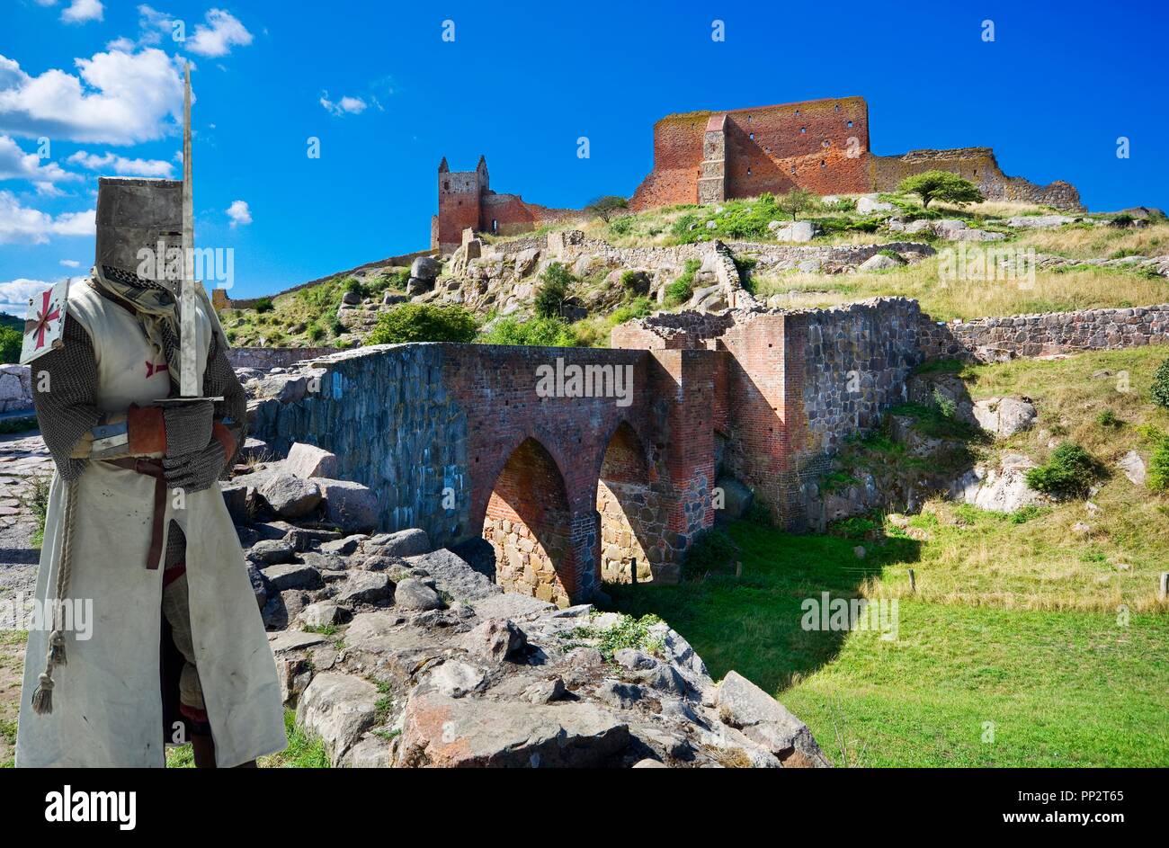 Medieval knight and ruins of Hammershus castle - the biggest Northern ...