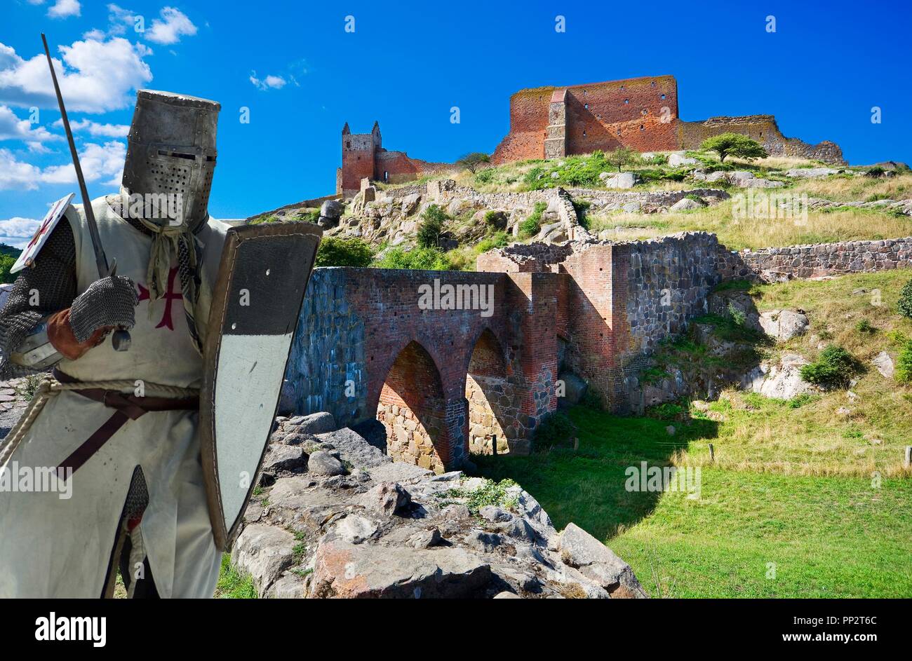 Medieval knight and ruins of Hammershus castle - the biggest Northern ...