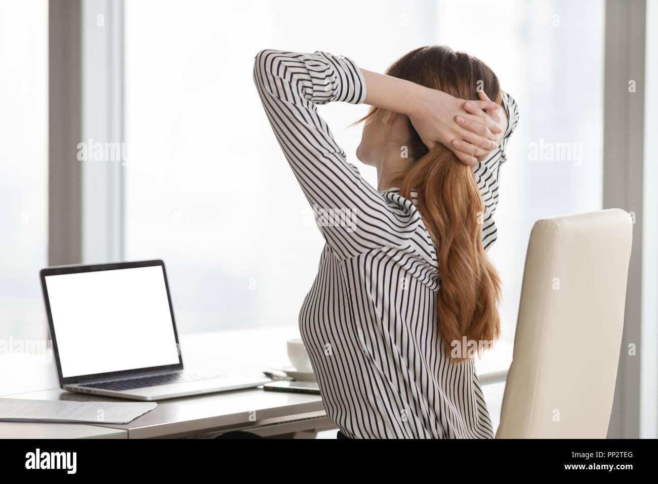 Woman tired after work done hi-res stock photography and images - Alamy