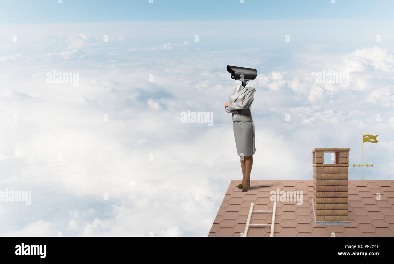 Concept of security and privacy protection with camera headed woman ...