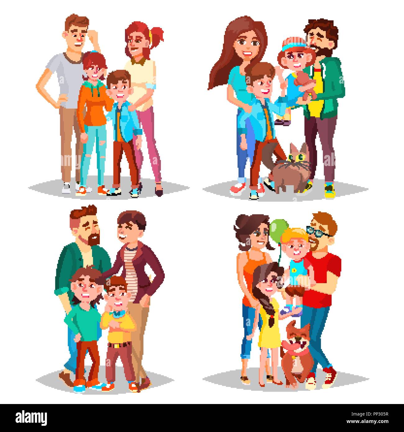 Family Portrait Set Vector. Parents, Children. In Santa Hats. Happy ...