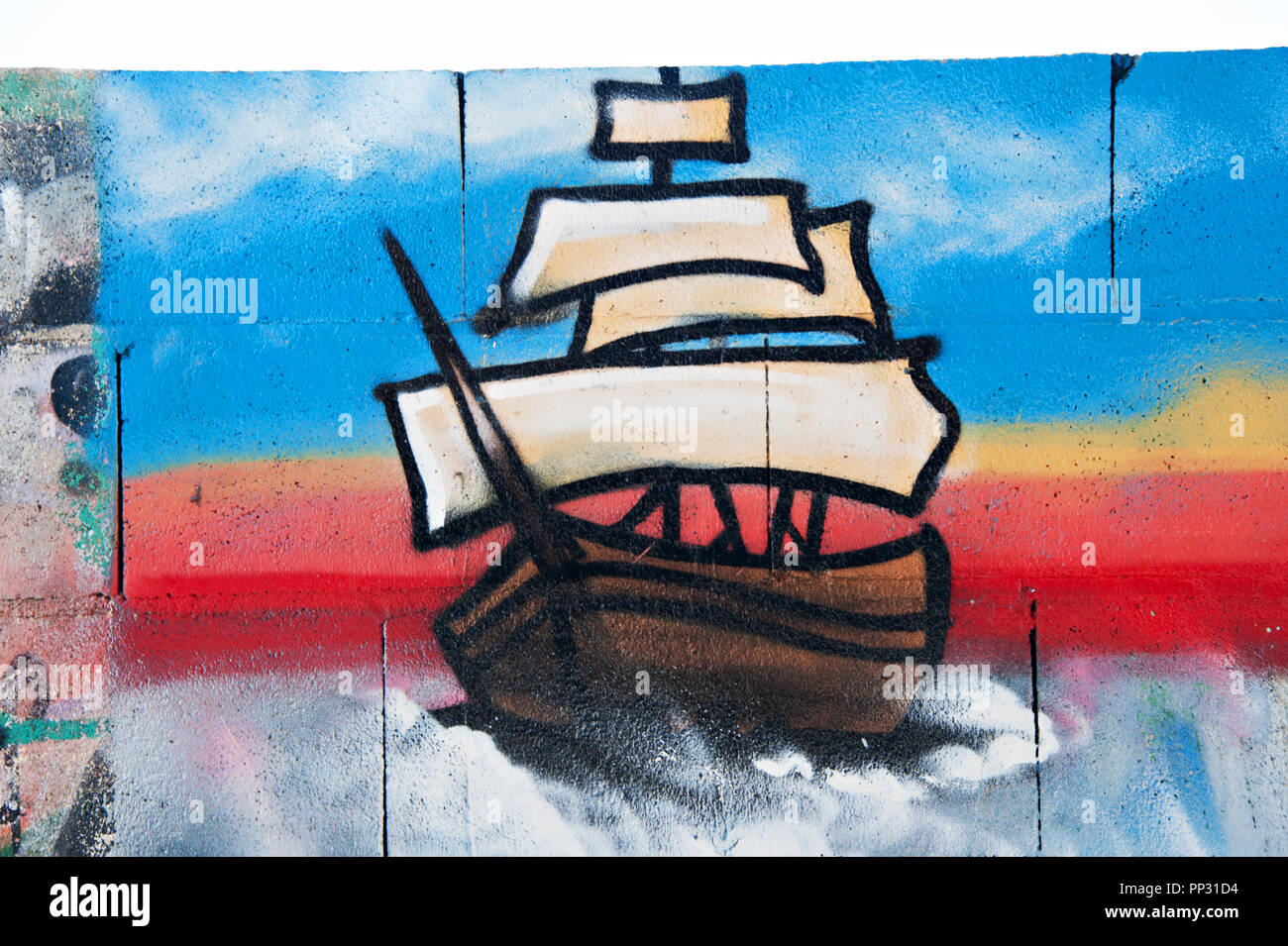 graffiti artist painting of a galleon ship sailing on the ocean Stock ...
