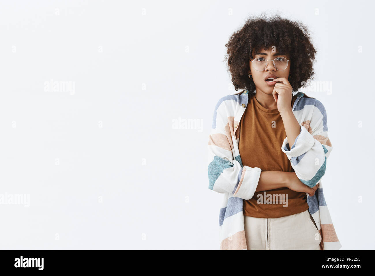 Waist Up Shot Of Curious Thoughtful And Smart Worried African American