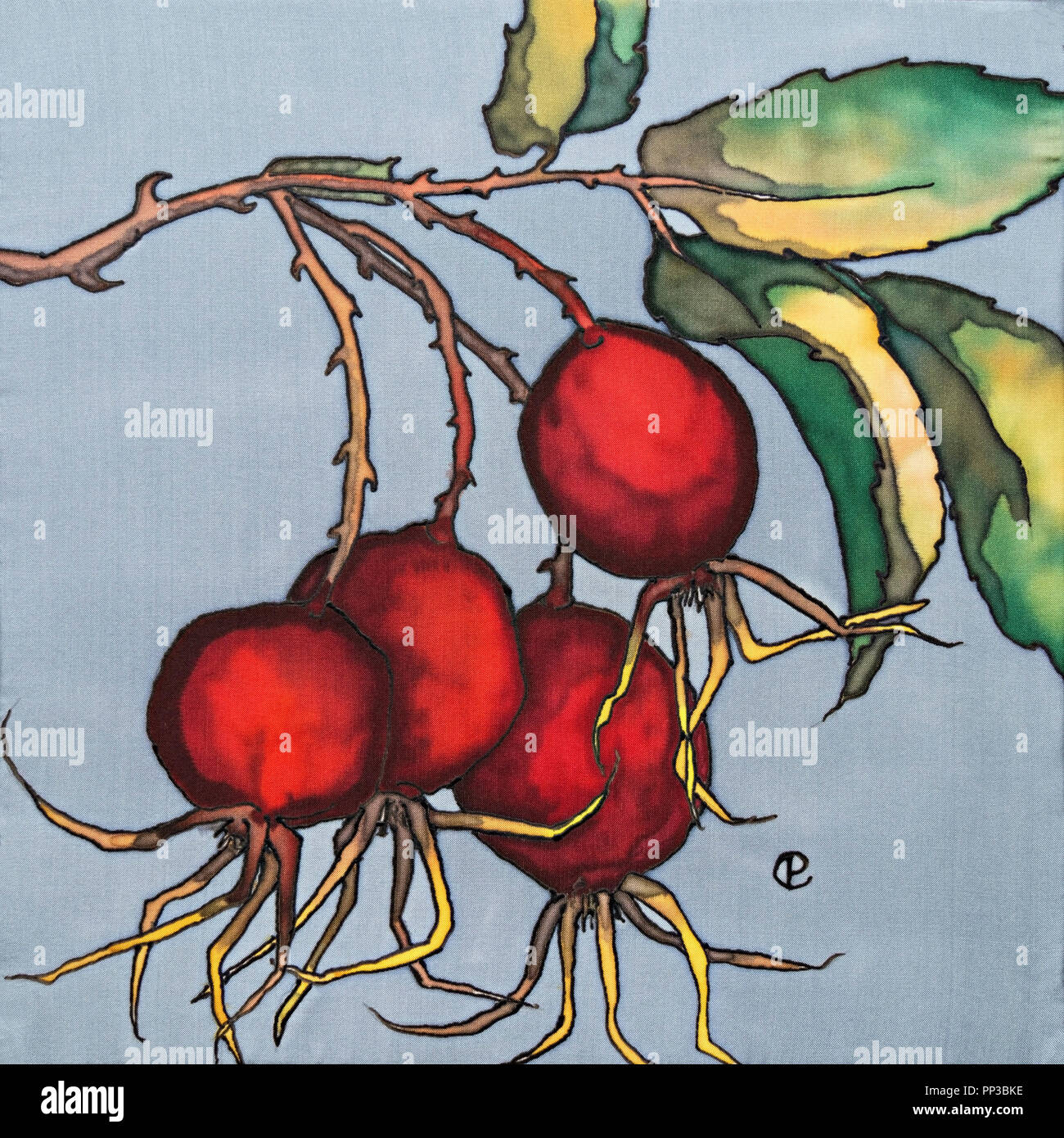Photograph of silk painting of Red Rose Hips using steam fixed dyes and ...